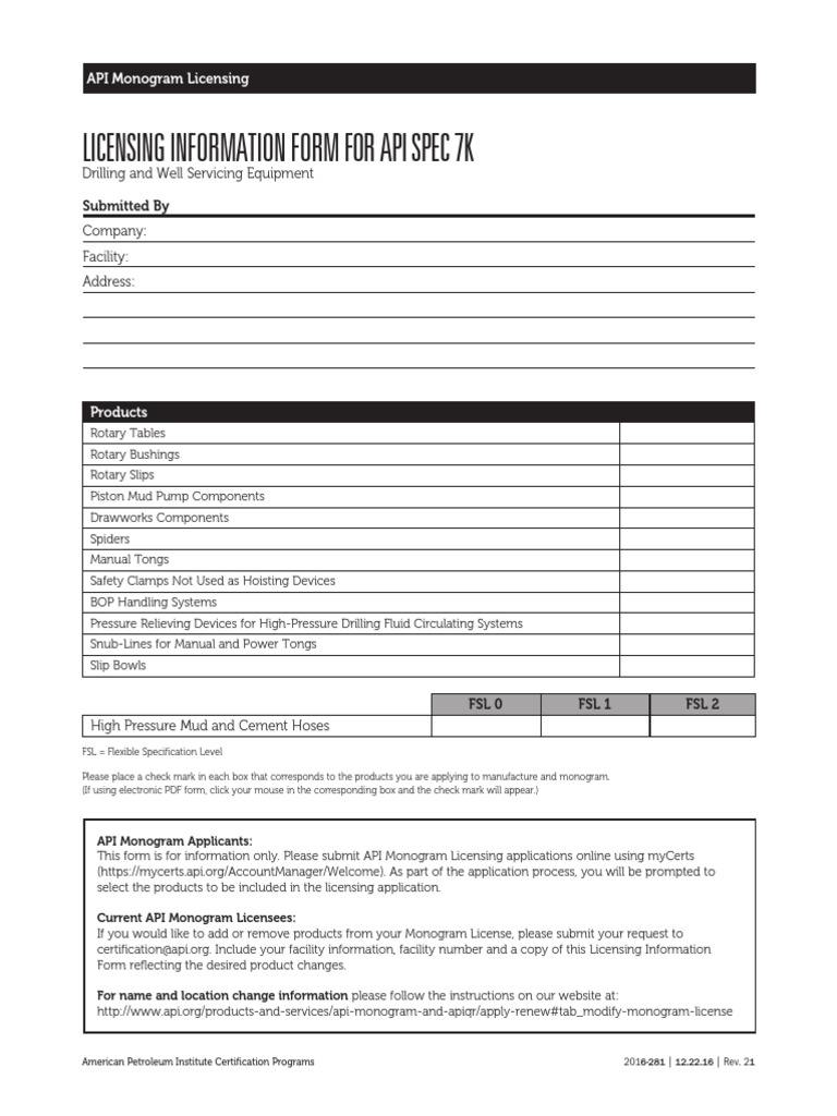 Licensing Information Form For Api Spec 7K: Drilling and Well Servicing ...
