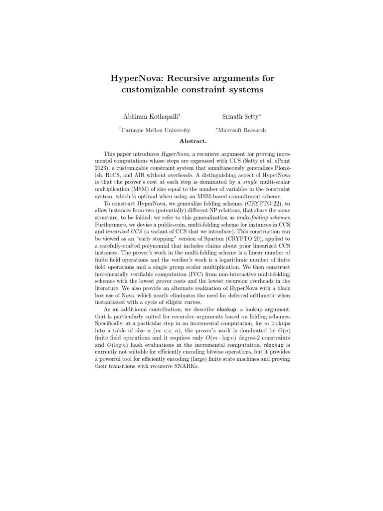 Hypernova Recursive Arguments For Customizable Constraint Systems Pdf Polynomial Computer