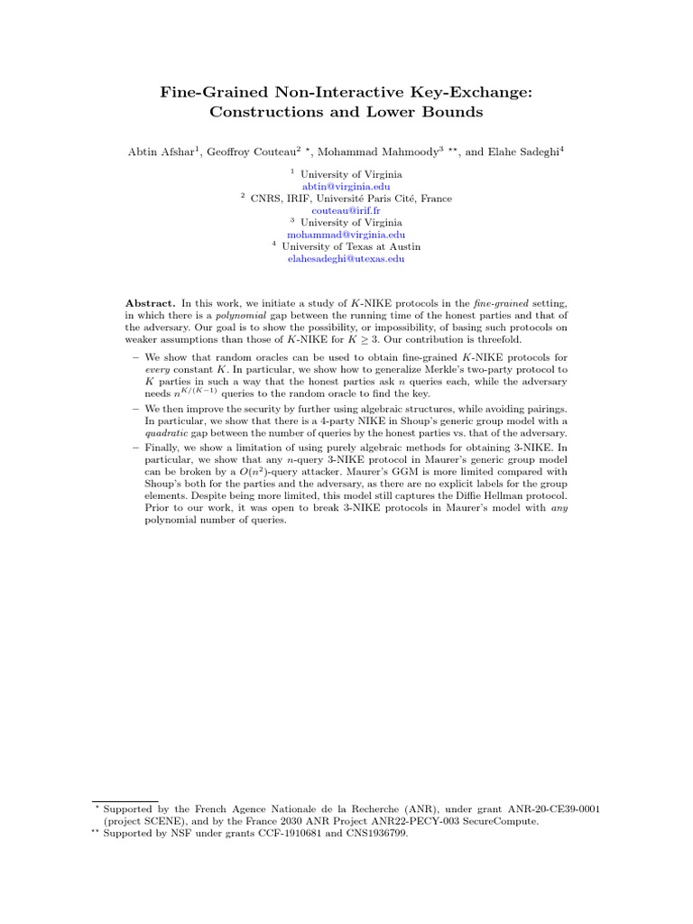 Fine-Grained Non-Interactive Key-Exchange: Constructions and Lower Bounds | Download Free PDF ...