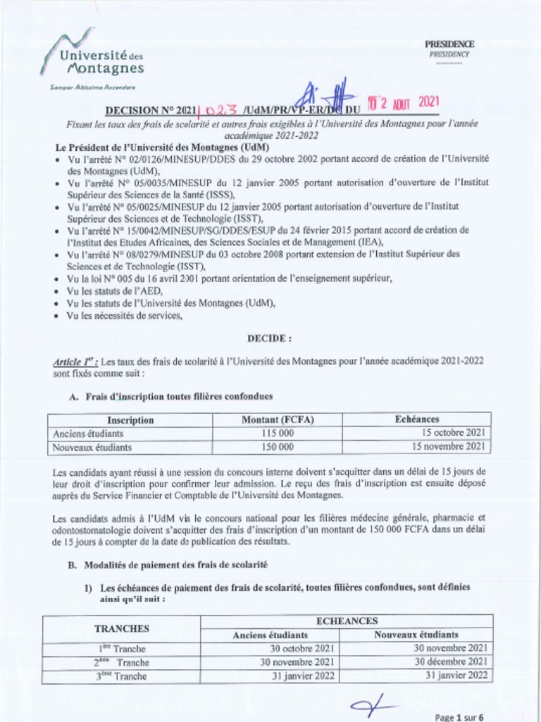 Decision - Frais de Scolarite - 2021 2022 UdM | PDF