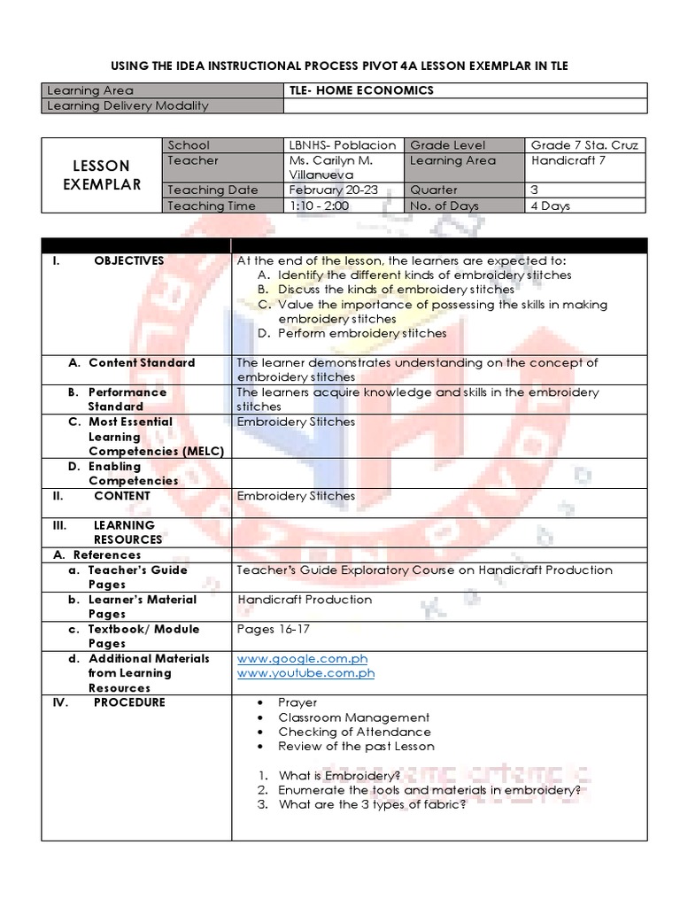 IdeaExemplarGrade7eMbroiderystitch Week2 | PDF | Embroidery | Textile Arts