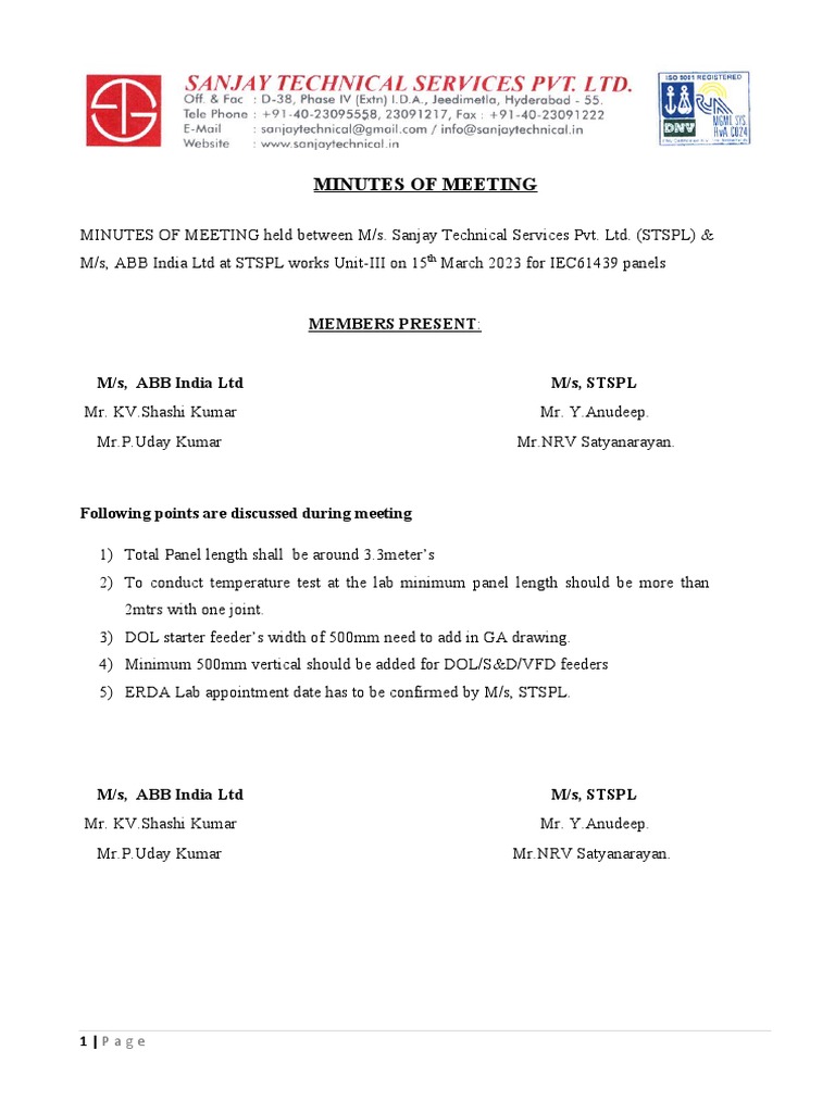 Meeting Minutes for IEC61439 Panels | PDF