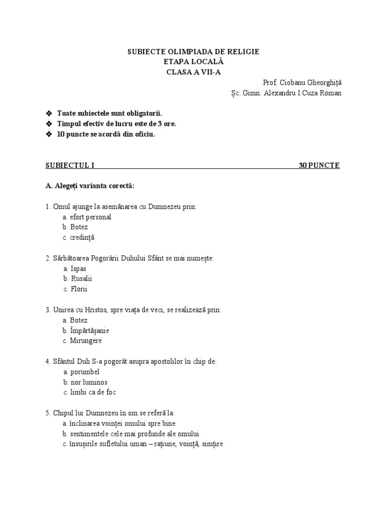 SUBIECTE Olimpiada de Religie | PDF