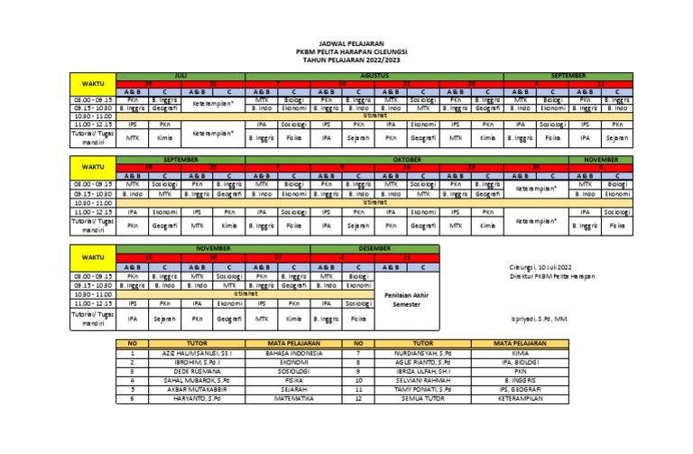 Jadwal Pelajaran PKBM Pelita Harapan Cileungsi TAHUN PELAJARAN 2022/2023 | PDF