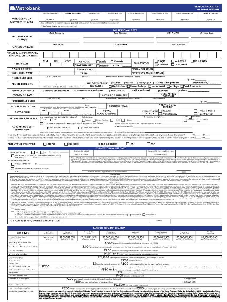 Metrobank Toyota Mastercard Application | PDF | Credit Card | Visa Inc.
