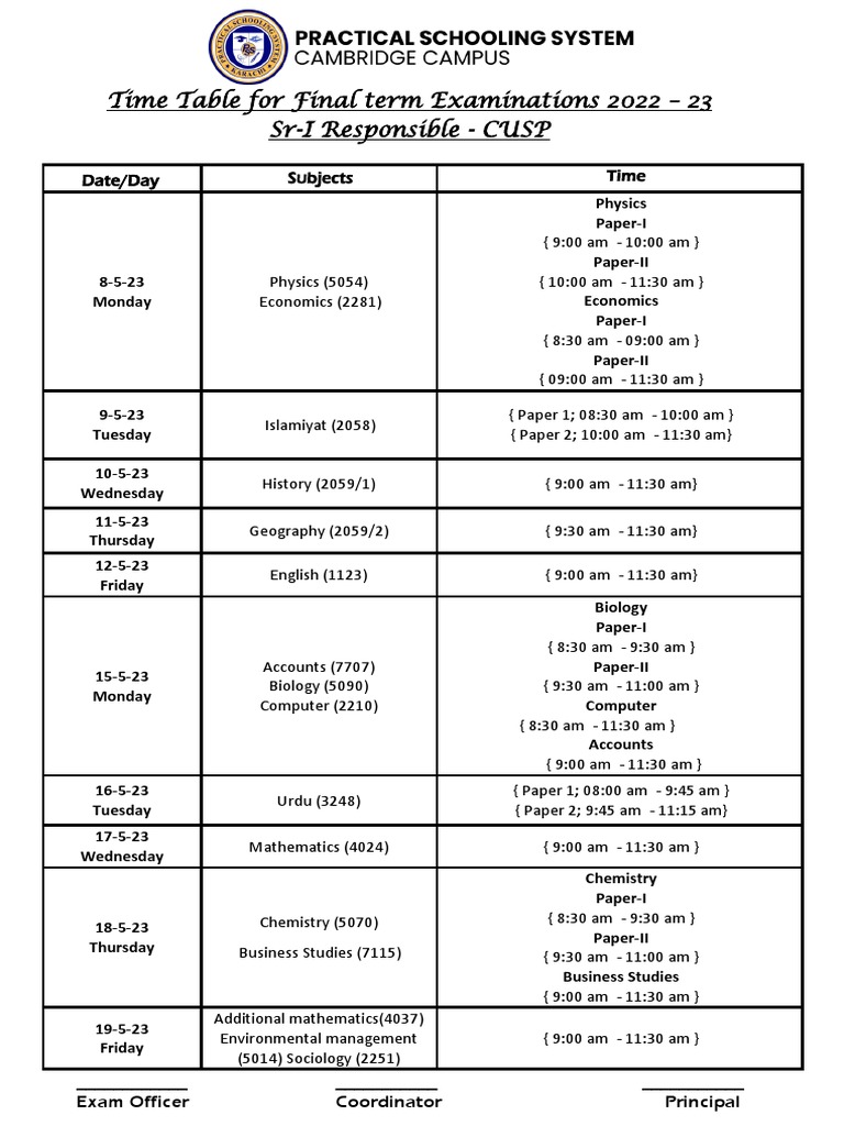 END OF YEAR EXAMINATION TIMETABLE 2022-23 SENIOR | PDF | Science
