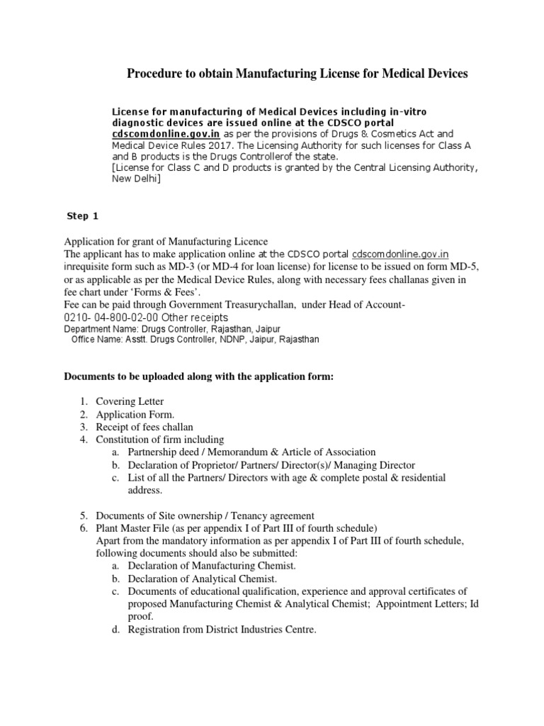 Procedure To Obtain Manufacturing License For Medical Devices | PDF ...