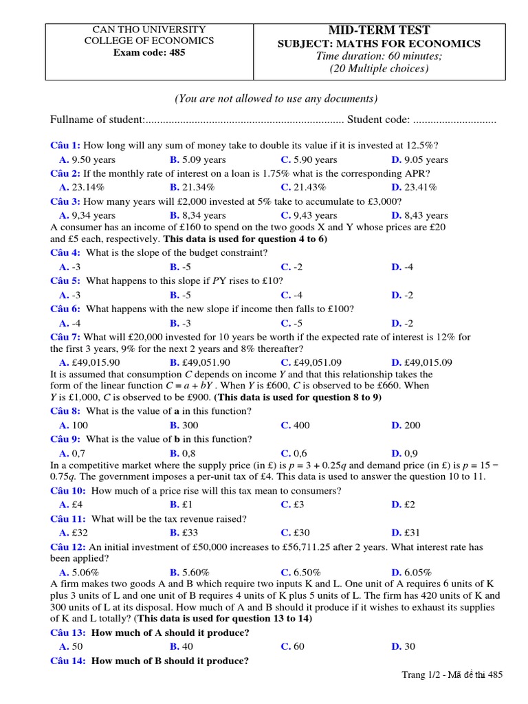 Mid-Term Exam on Mathematics for Economics at Can Tho University Tests ...