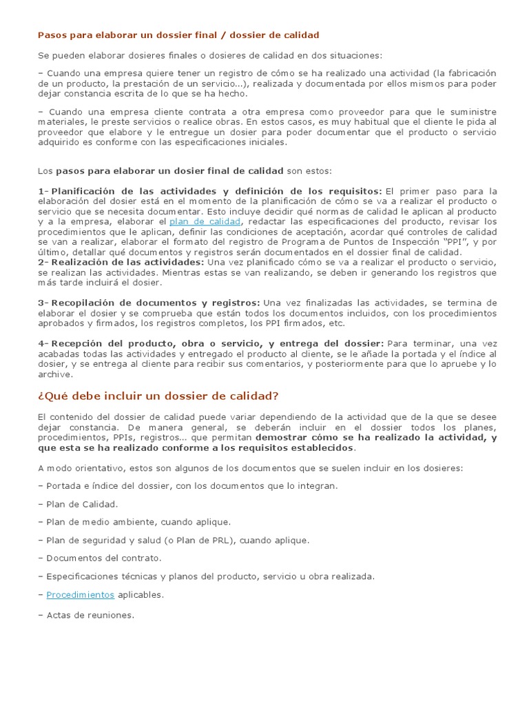 Pasos para Elaborar Un Dossier Final | Descargar gratis PDF | Calidad (comercial) | Business