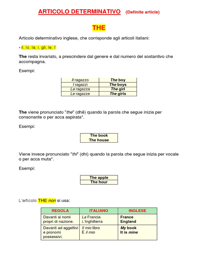 Articoli Determinativi e Indeterminativi Con Esercizi | PDF