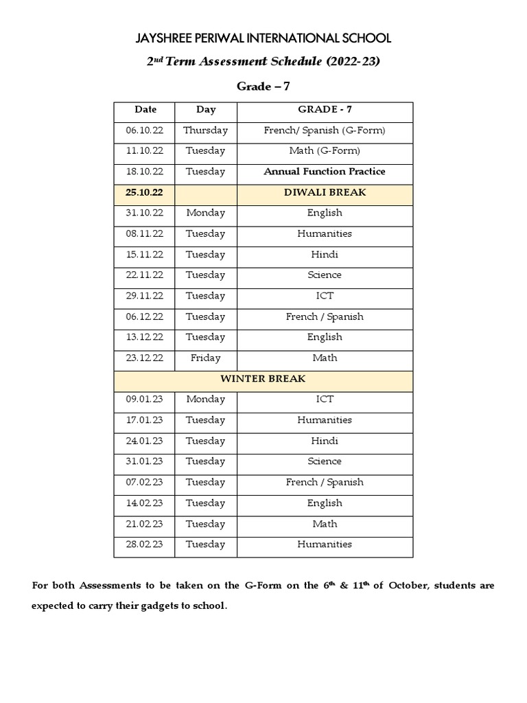 Grade 7 2nd Term Assessment Schedule | PDF