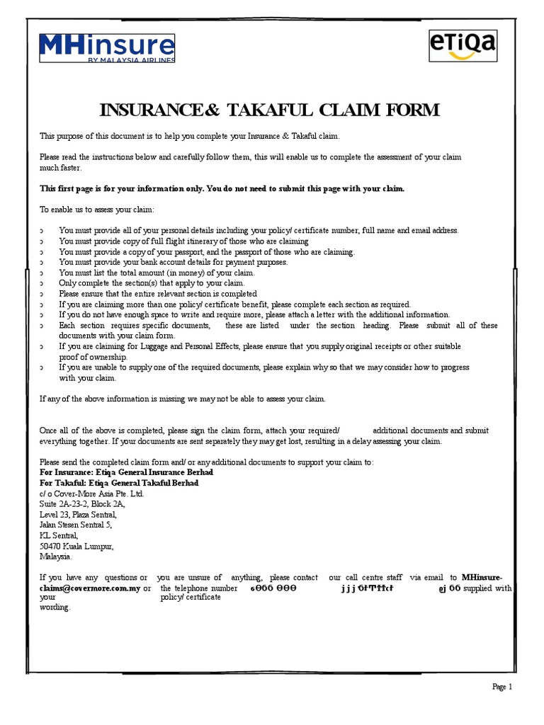 Insurance& Takaful Claim Form | PDF | Baggage