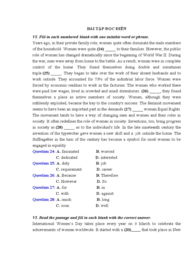 BÀI TẬP ĐỌC ĐIỀN TIẾNG ANH 10 | PDF | Tourism | Woman