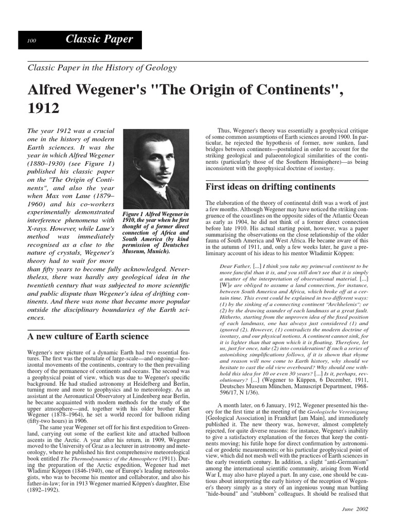 FRITSCHER B. 2002 - Alfred Wegener's The Origin of Continents, 1912 ...