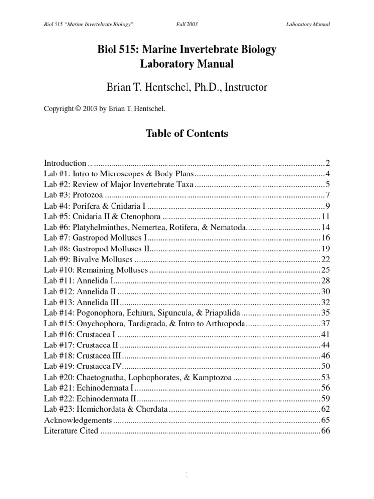 Hentschel B T - Marine Invertebrate Biology Laboratory Manual | PDF | Protozoa | Organisms