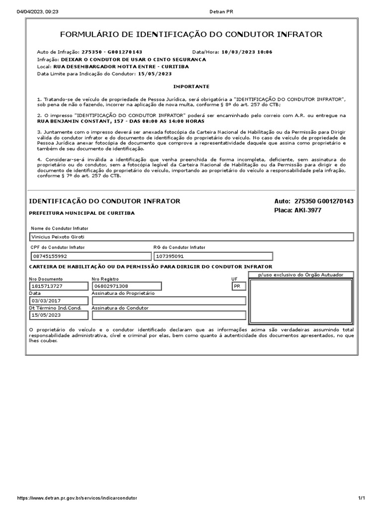 Indicar Condutor - DETRAN - PR | PDF | Carteira de Motorista | Brasil Indicar Condutor - DETRAN - PR | PDF | Carteira de Motorista | Brasil