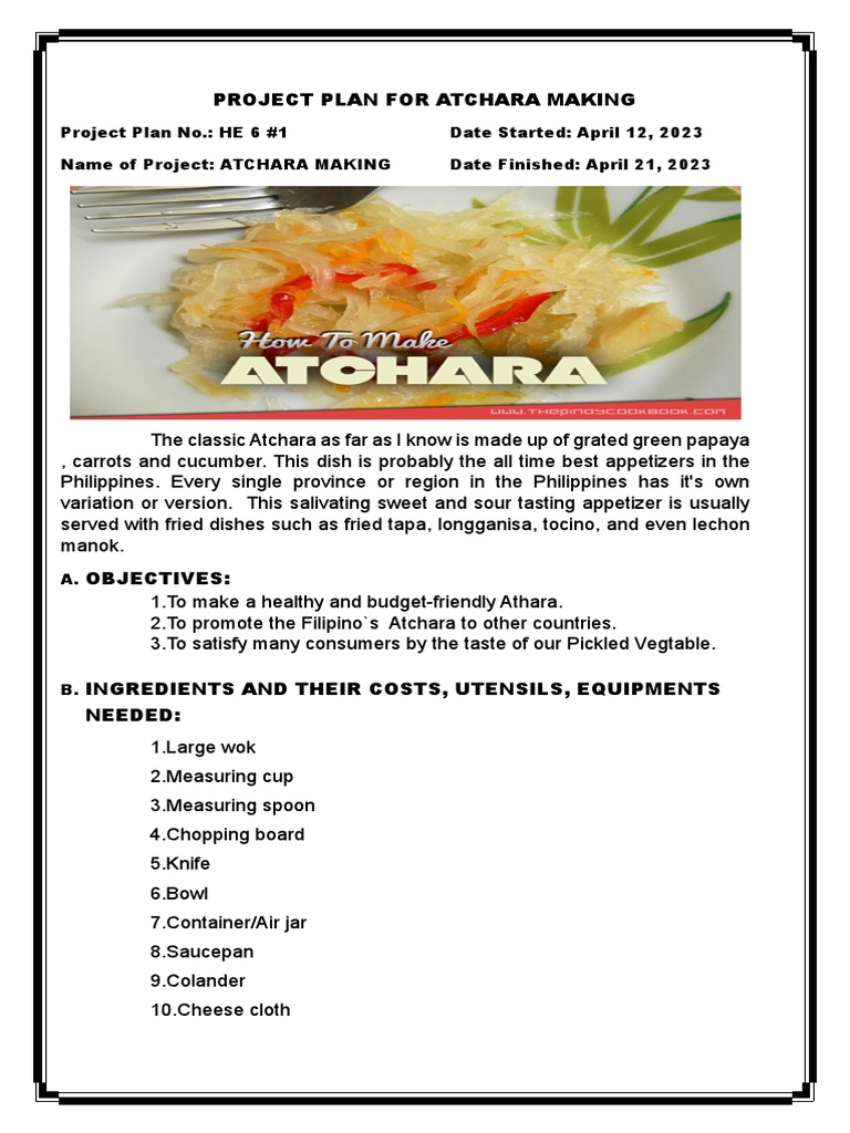 Project Plan For Atchara Making | PDF | Cooking | Foods