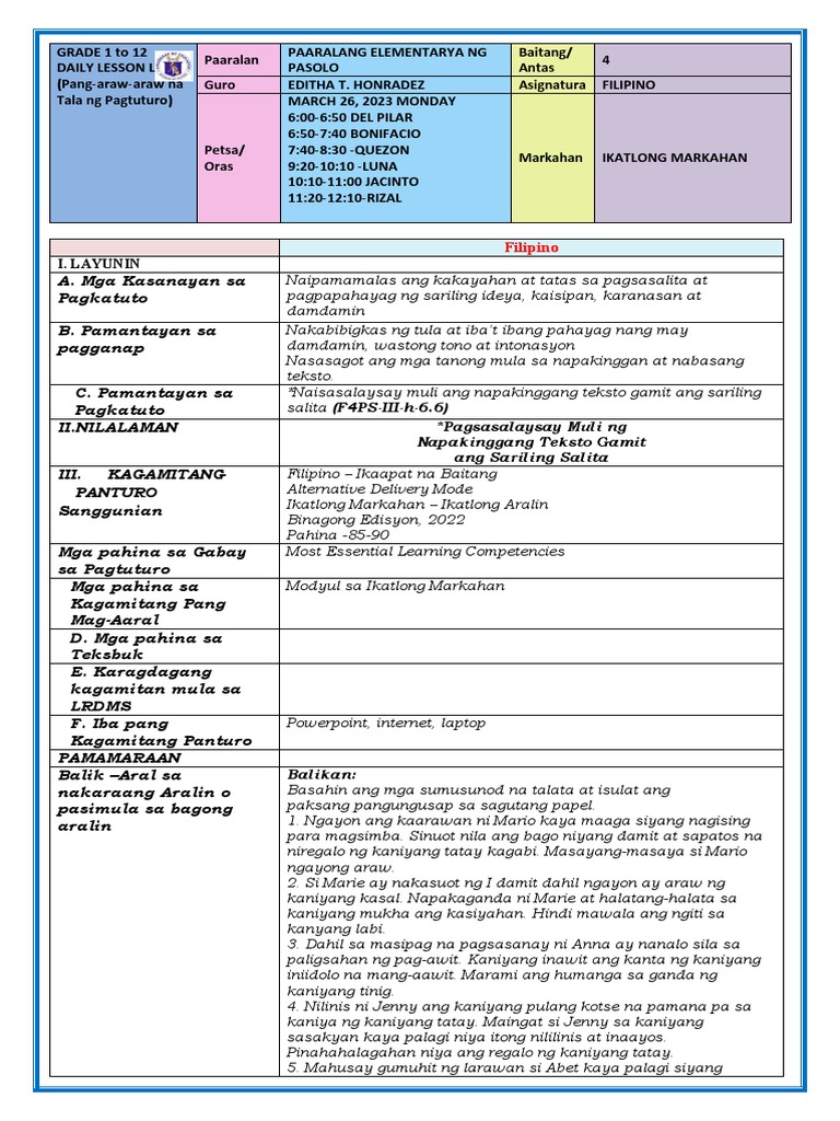 Filipino: Pagsasalaysay Muli NG Napakinggang Teksto Gamit Ang Sariling ...