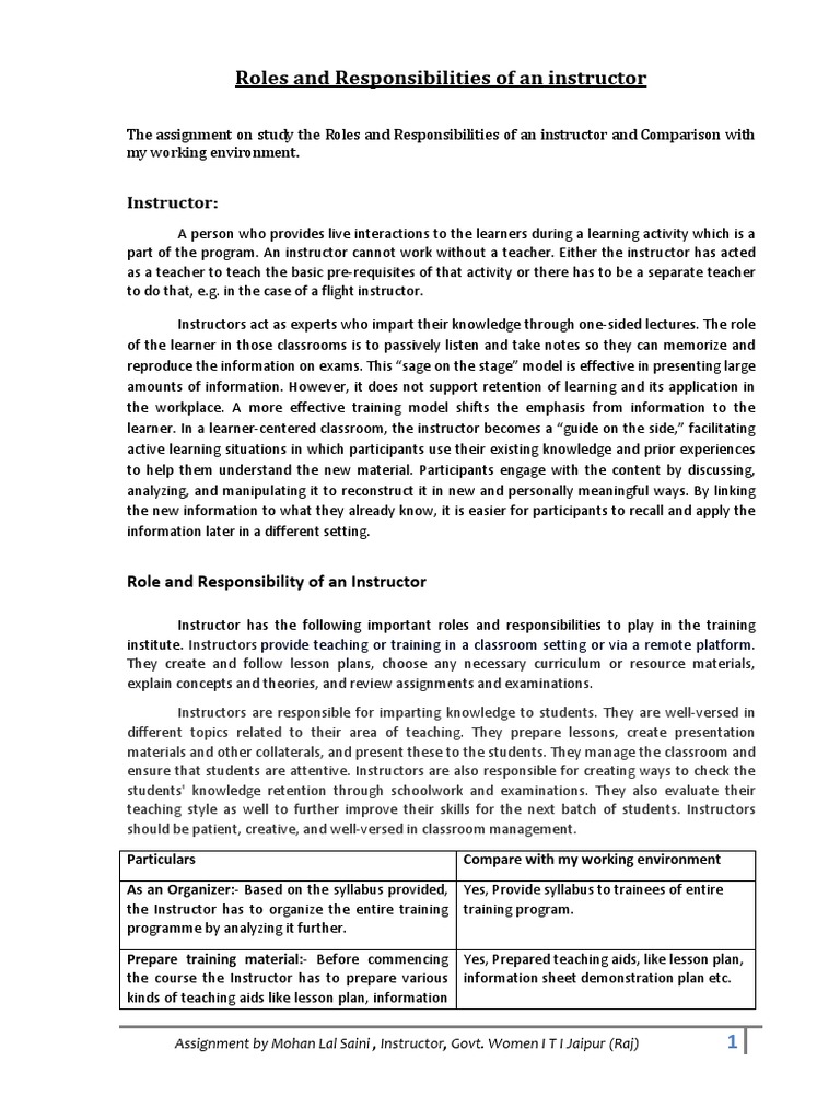 Roles and Responsibilities of An Instructor | PDF | Teachers | Learning