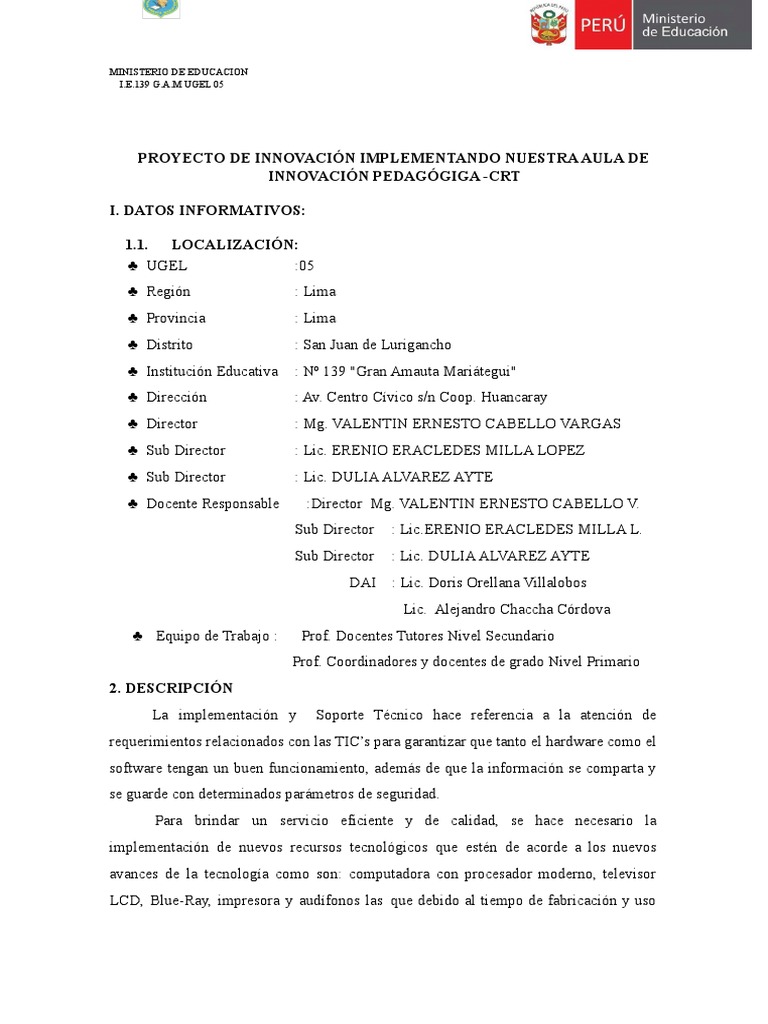 PROYECTO DE INNOVACION IMPLEMENTANDO NUESTRA AULA DE INNOVACION PEDAGÓGIGA (10) .Docx-1 | PDF ...