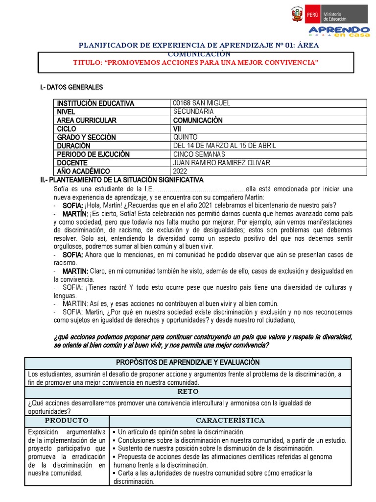 Planificador Exp 1 Quinto | PDF | Evaluación | Aprendizaje