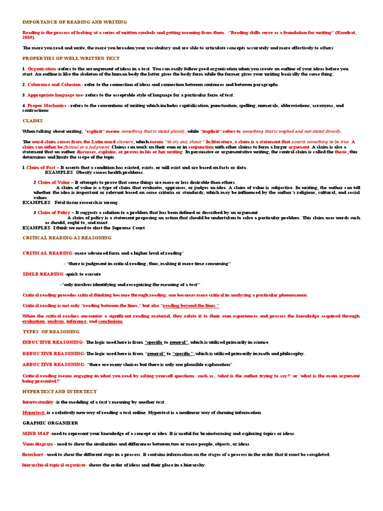 Reading and Writing Reviewer | PDF | Reason | Inference