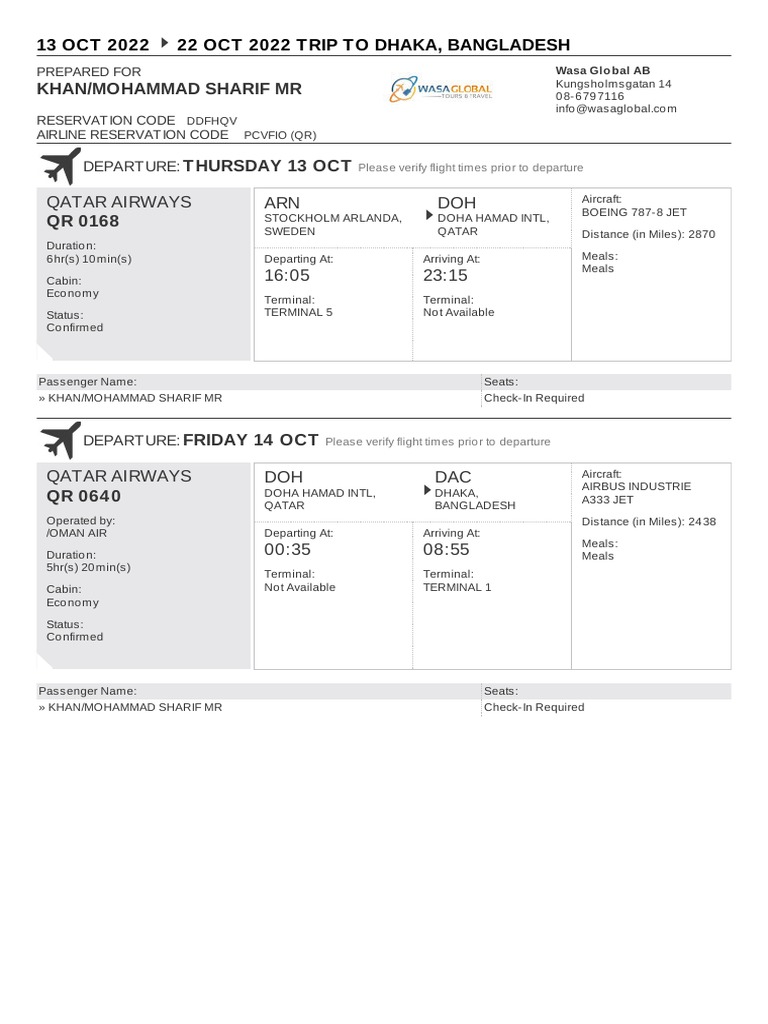 Qatar Airways ARN DOH: Khan/Mohammad Sharif MR | Download Free PDF ...
