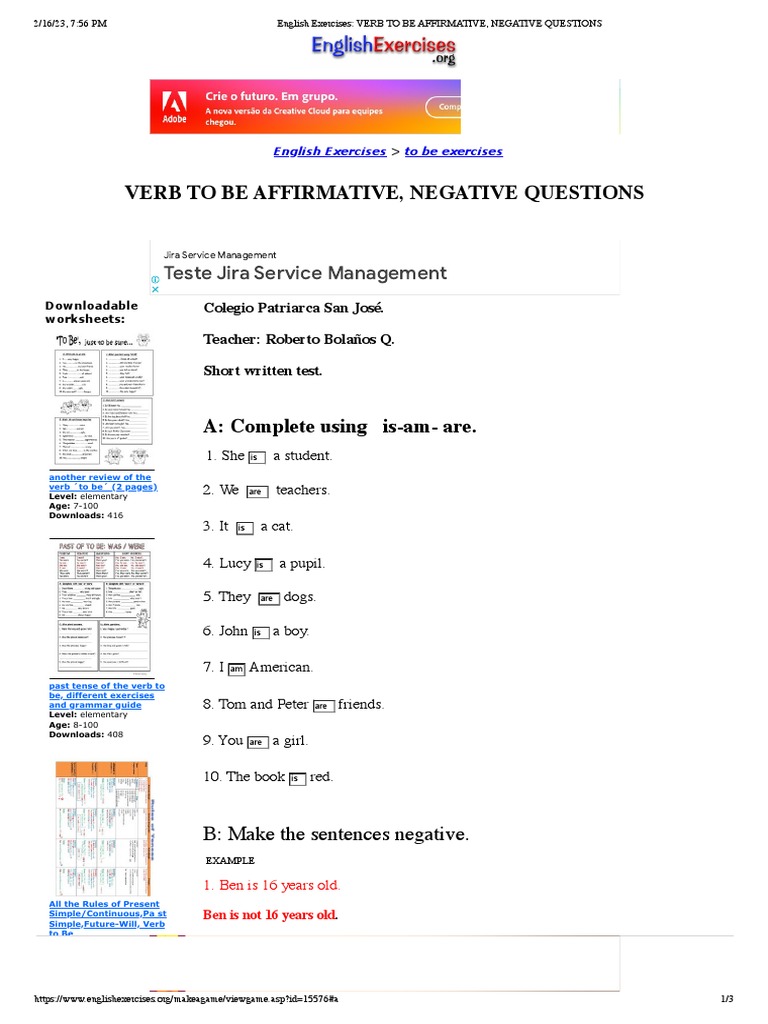 English Exercises - VERB TO BE AFFIRMATIVE, NEGATIVE QUESTIONS | PDF | Language Families | Syntax