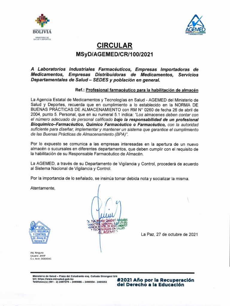 Circular 100 2021 | PDF | Farmacéutico