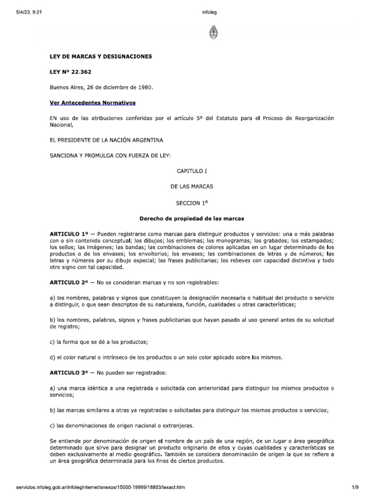 Ley de Marcas 22362 Actualizada | PDF