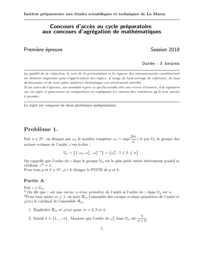 Concours Mathématiques 2018 - Épreuves | PDF