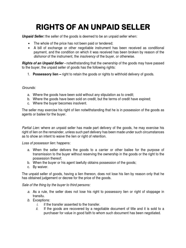 6 Rights of An Unpaid Seller | PDF | Lien | Sales