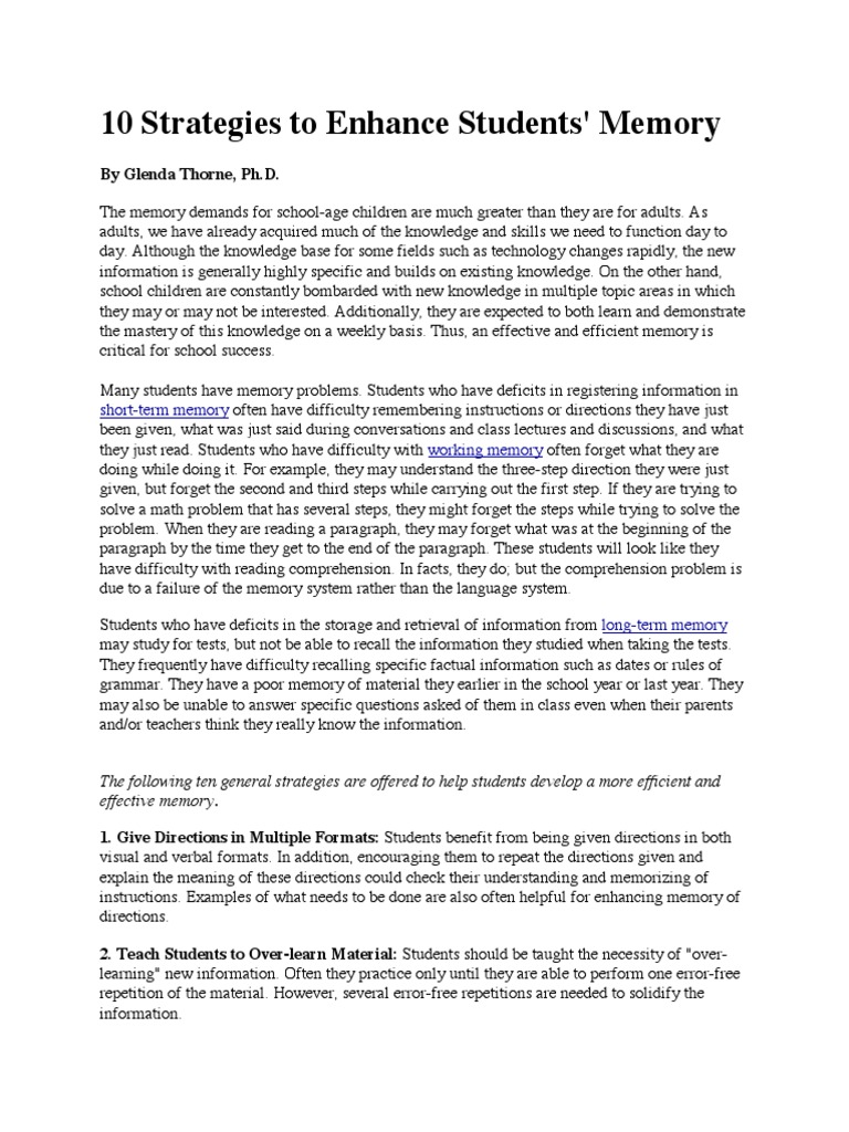 10 Strategies To Enhance Students Memory | PDF | Memory | Working Memory