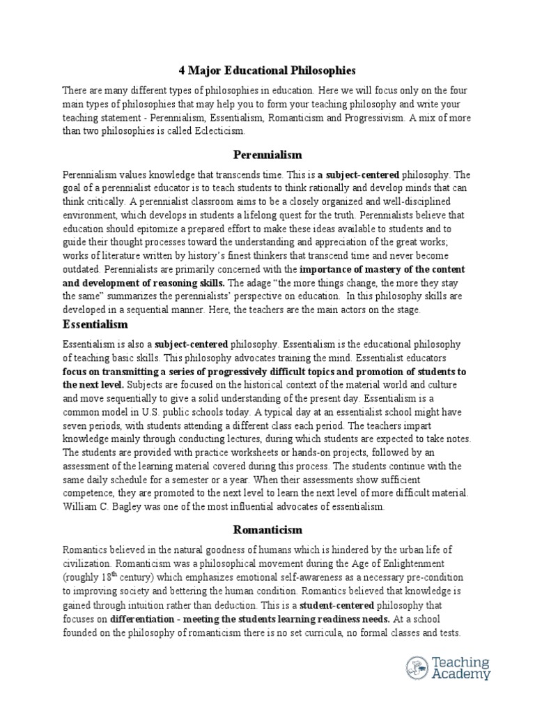 4 Major Educational Philosophies | PDF | Philosophy Of Education | Essentialism
