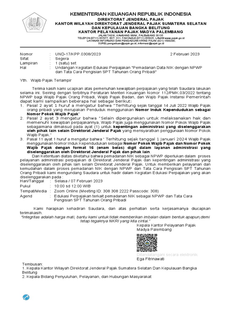 Undangan Kegiatan Edukasi Perpajakan Pemadanan Data NIK Dengan NPWP Dan ...