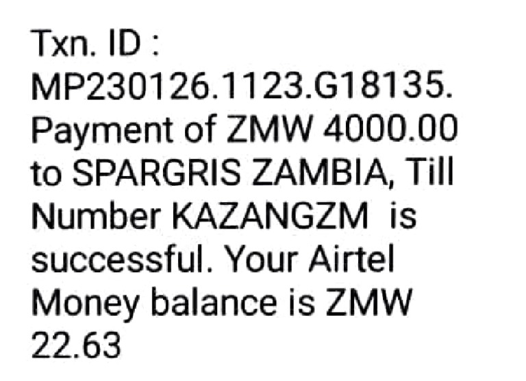 Airtel Money payment receipt for ZMW 4000 to SPARGRIS ZAMBIA | PDF