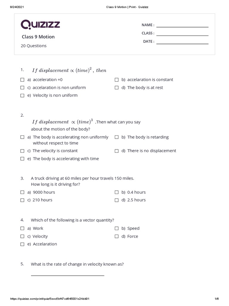 Class 9 Motion Quiz Questions | PDF | Acceleration | Speed