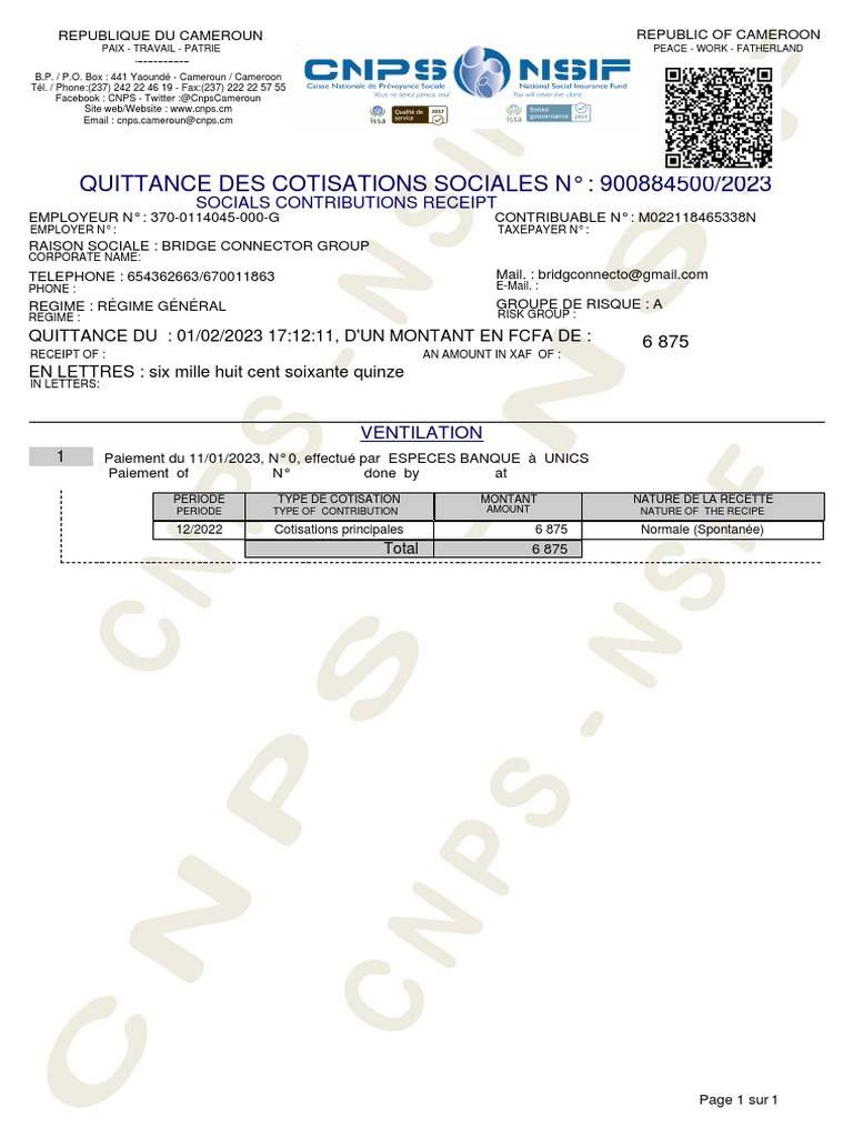 Quittance de cotisations sociales CNPS | PDF