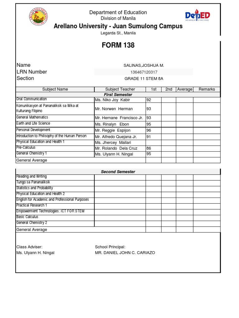 FORM 138: Arellano University - Juan Sumulong Campus | PDF