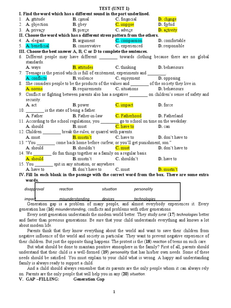 Test Unit 1 Grade 11 Pdf Teachers