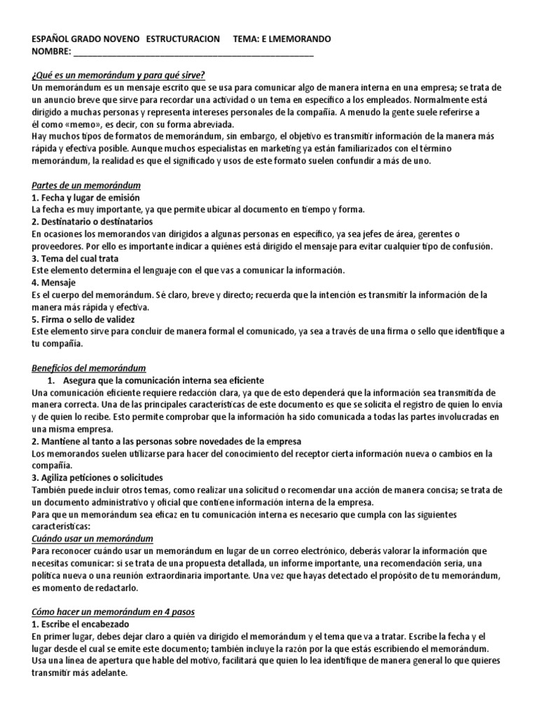 El Memorando Grado Noveno Estructuracion | PDF | Comunicación | Memorándum