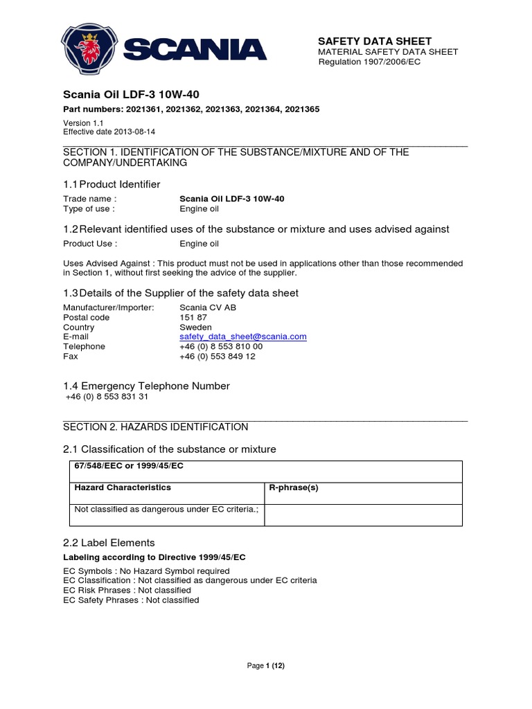 LDF 3 Engine Oil 10w-40 Scania | PDF | Dangerous Goods | Toxicity