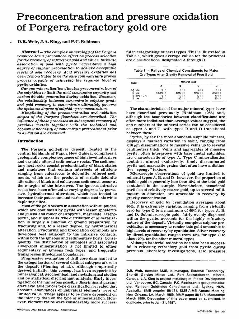 Preconcentration and Pressure Oxidation of Porgera Refractory Gold Ore ...