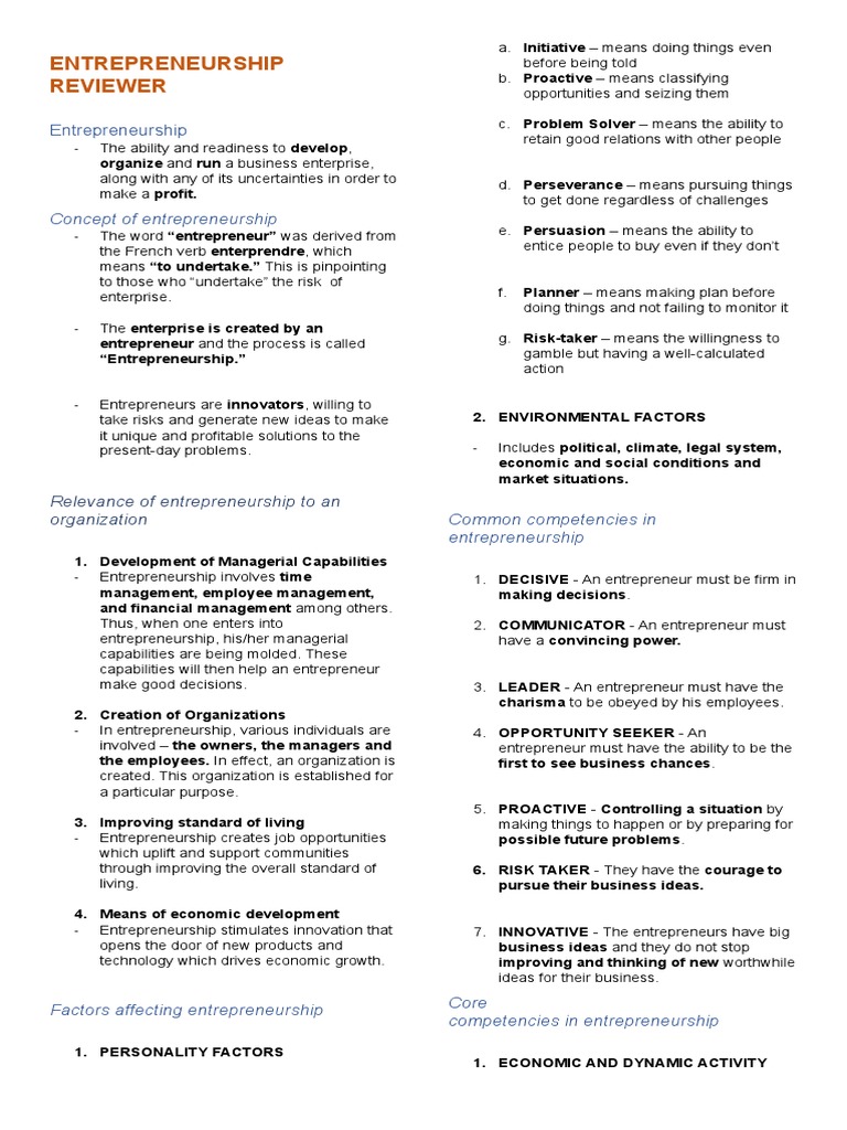 Entrepreneurship Reviewer | PDF | Entrepreneurship | Marketing