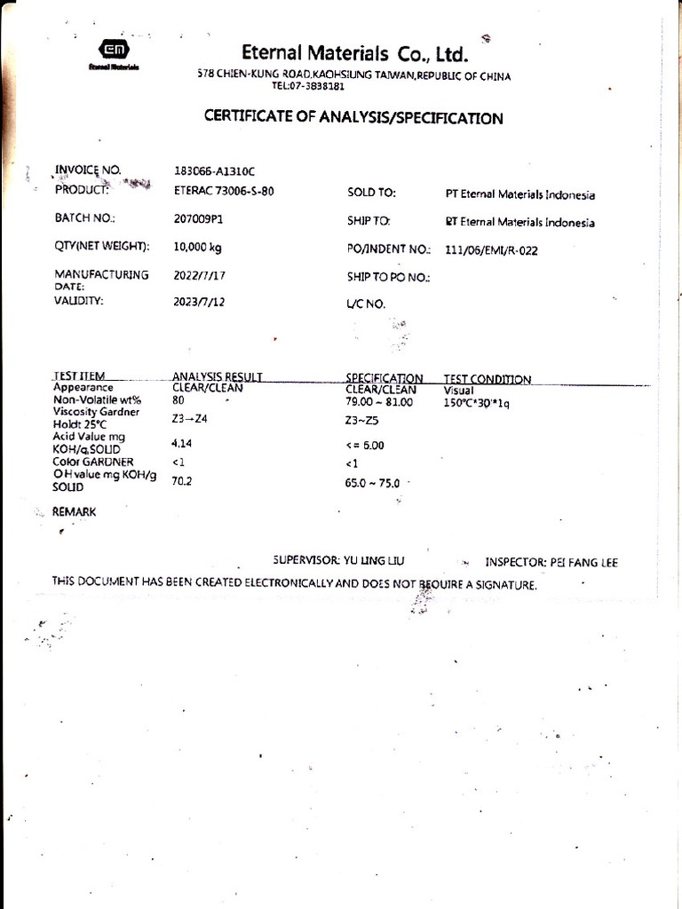 COA ETERAC 73006-S-80 Lot 207009P1 | PDF