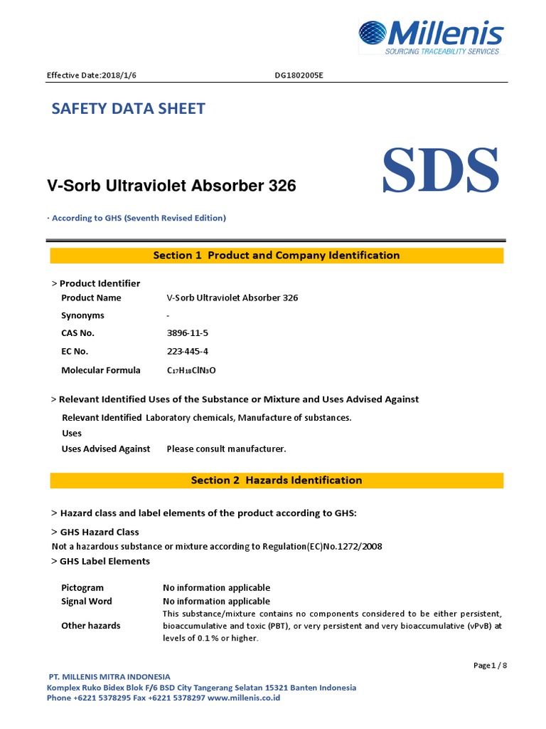 Safety Data Sheet: V-Sorb Ultraviolet Absorber 326 | PDF | Dangerous ...