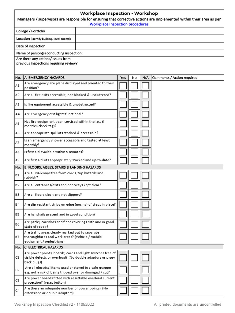 Workplace Inspection Checklist Workshop | PDF