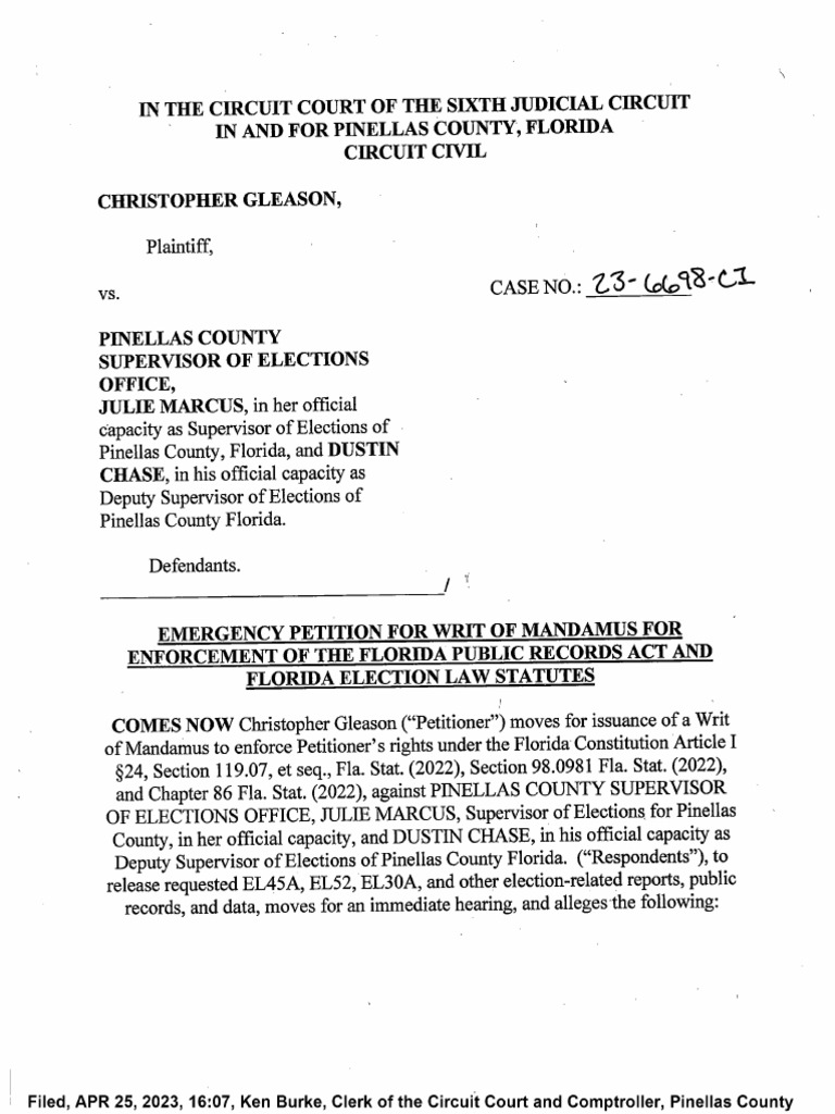 Gleason V Pinellas County SOE Petition For Writ of Mandamus | PDF ...