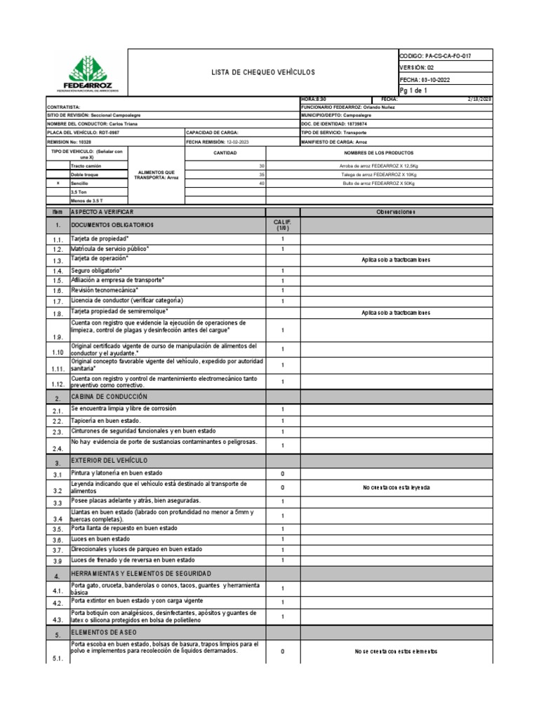 Lista de Chequeo Vehìculos | PDF | Transporte