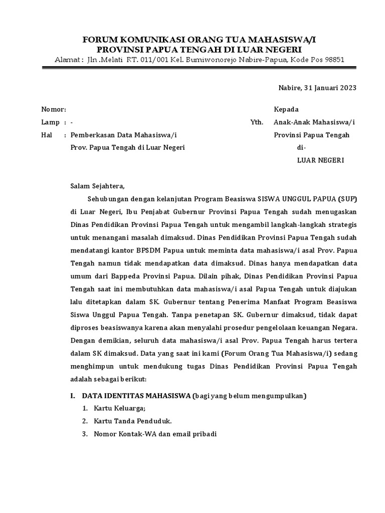 Surat Permintaan Data | PDF